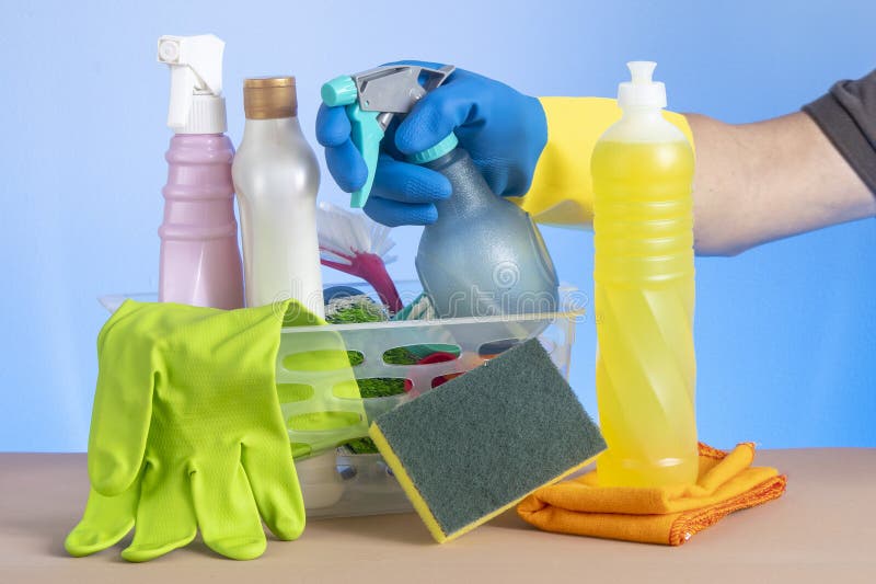 Basket with Cleaning Products for Home Hygiene Use Stock Photo - Image ...