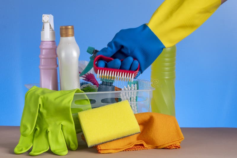 Basket with Cleaning Products for Home Hygiene Use Stock Image - Image ...