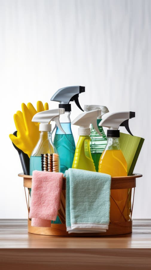 A Basket with Cleaning Supplies on a Table, AI Stock Photo - Image of ...