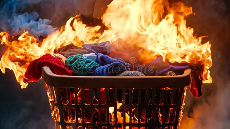 A Basket Full of Clothes on Fire with Smoke Coming Out of it Stock ...