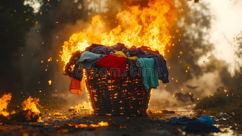A Basket Full of Clothes on Fire in the Middle of a Field Stock Image ...