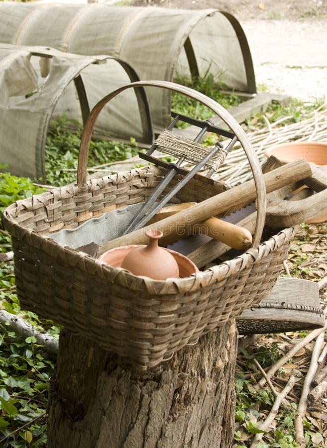 Basket with colonial tools stock image. Image of tools - 5480215