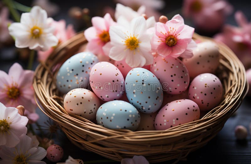 A Basket of Colored Easter Eggs with Flower Bulbs and Daffodils Stock ...