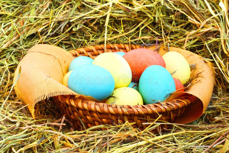 Basket of Easter Eggs on Hay Stock Photo - Image of chicken, farm ...