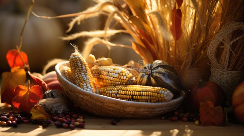 Basket of Corn on the Cob Surrounded by Fall Leaves and Vegetables ...