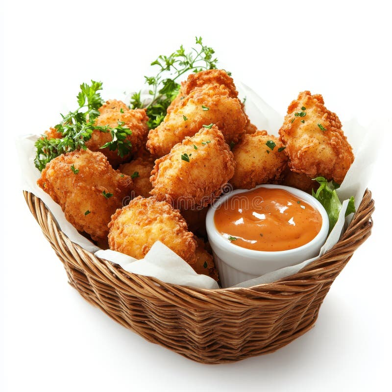 A Basket of Crispy Fried Food with a Dipping Sauce and Garnish Stock ...