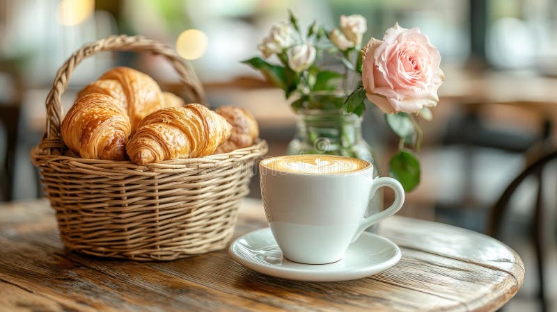 Basket of Croissants and Coffee beside Flower Bouquet Stock ...