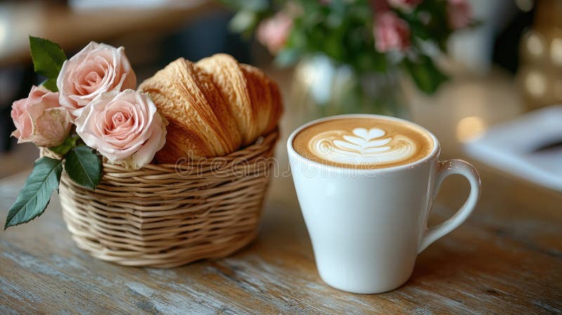 Basket of Croissants and Coffee beside Flower Bouquet Stock ...