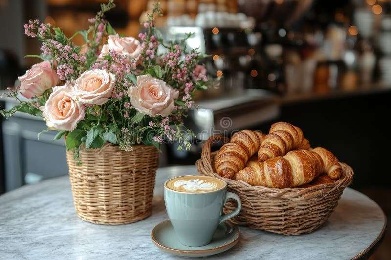 Basket of Croissants and Coffee beside Flower Bouquet Stock ...