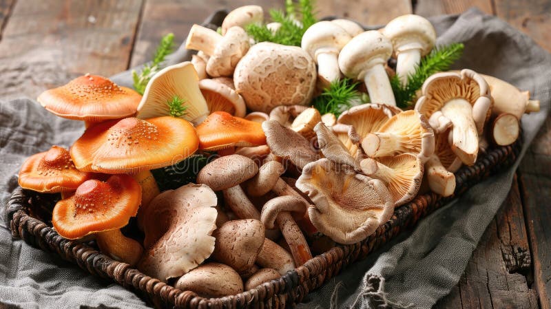 Basket of Cultivated Mushrooms on a Rustic Wooden Table. Stock Photo ...