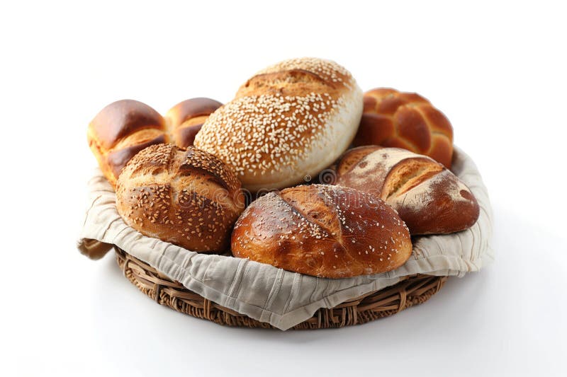 Basket with Different Types of Bread on White Background, Closeup Stock ...
