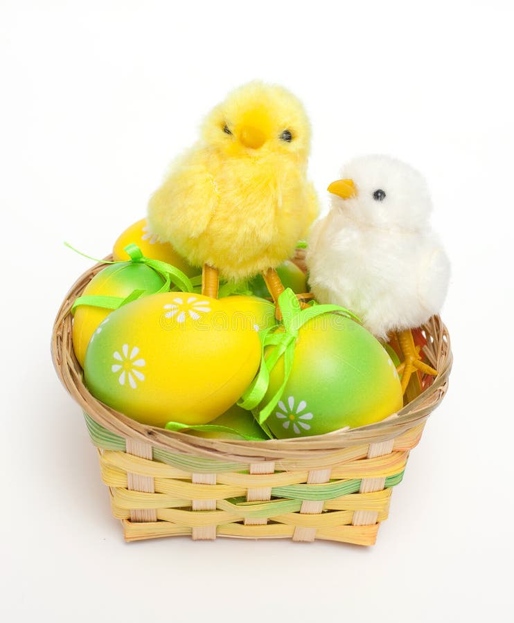 Basket with Easter Eggs and Chicken Toys Stock Photo - Image of painted ...