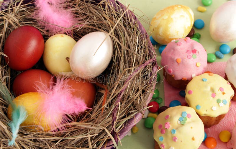 Basket with Easter Eggs and Sweets Stock Image - Image of gift, nest ...