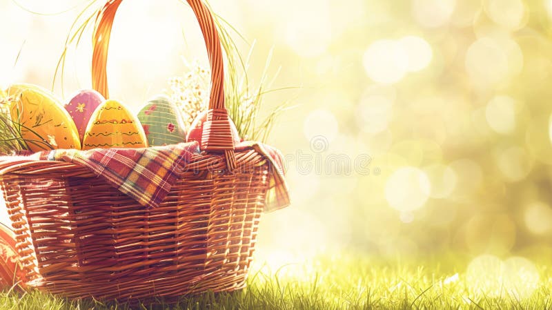 A Basket with Easter Eggs in it on Grassy Field, AI Stock Illustration ...