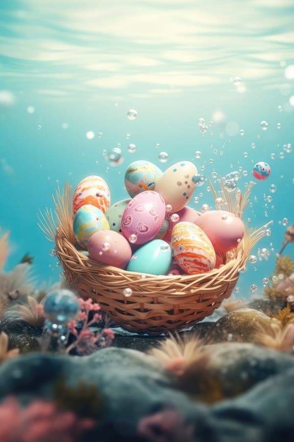AI Generated Image. Basket with Easter Eggs Under the Water at the ...