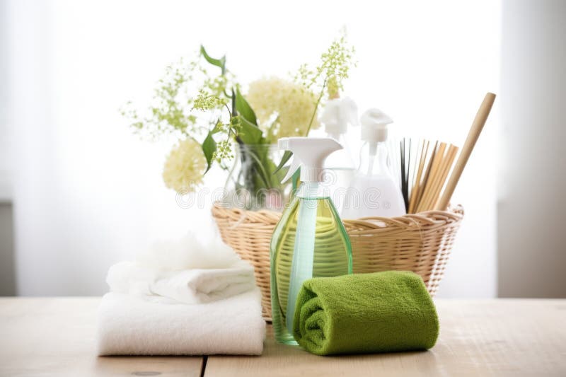 A Basket of Eco-friendly Cleaning Products and Tools Stock Photo ...