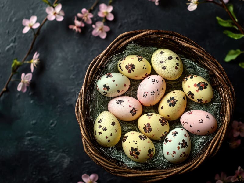Basket Eggs Different Colors Bunch White Flowers Stock Photos - Free ...