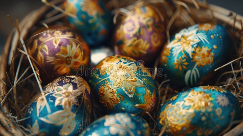 A Basket Filled with Blue and Gold Decorated Eggs. Perfect for Easter ...