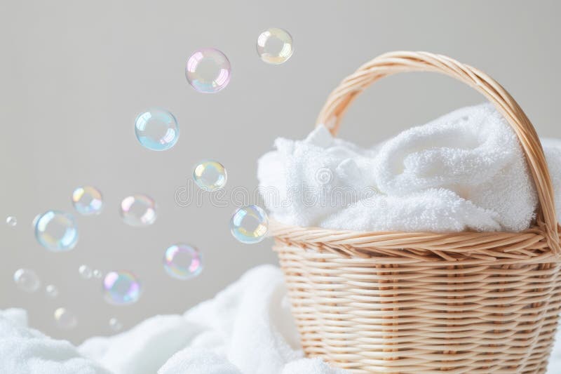 A Basket Filled with Clean Towels and Soap Bubbles in a Bright White ...