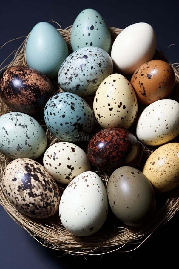 A Basket Filled with Different Colored Eggs on Top of a Table Various ...
