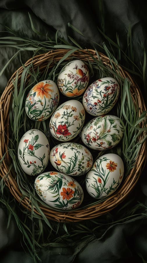 A Basket Filled with Easter Eggs, Hand Painted in an Elegant Botanical ...
