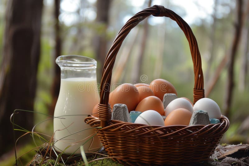 Basket Filled with Farmfresh Eggs and Milk, on Forest Edge Stock Image ...