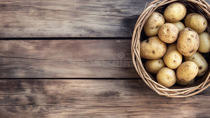 Basket Filled with Fresh Potatoes Placed on a Rustic Wooden Table. Top ...