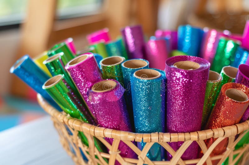 A Basket Filled with Mini Rolls of Colorful Glitter Vinyl Stock Photo ...