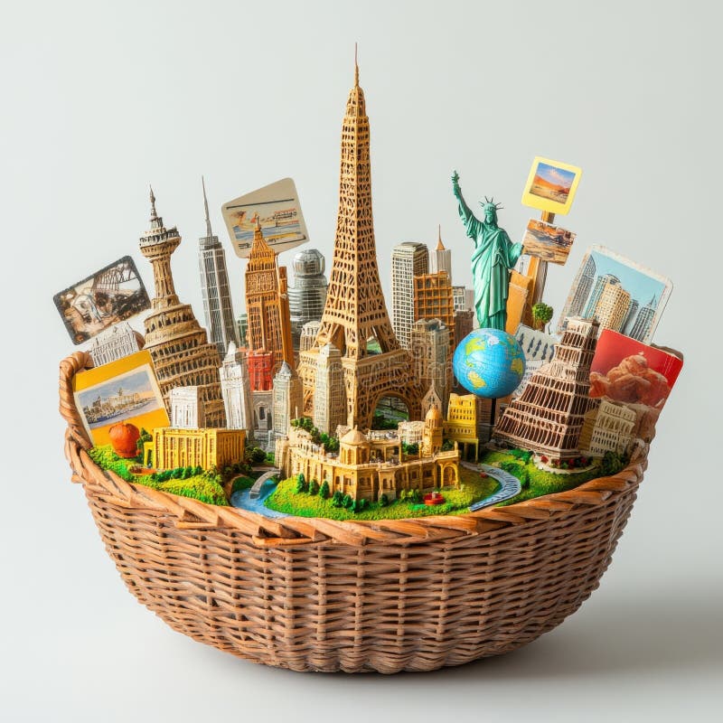 A Basket Filled with Miniature Models of Famous Landmarks and Cities ...