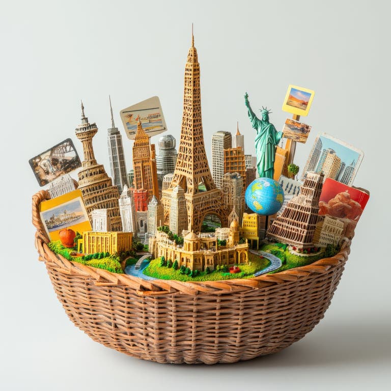 A Basket Filled with Miniature Models of Famous Landmarks and Cities ...