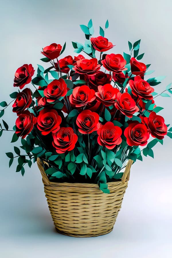 A Basket Filled with Red Roses in a Paper-cut Style Stock Illustration ...