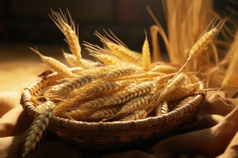 A Basket Filled with Wheat Sits on a Table, Great for Rustic or Agricultural-themed Images Stock ...