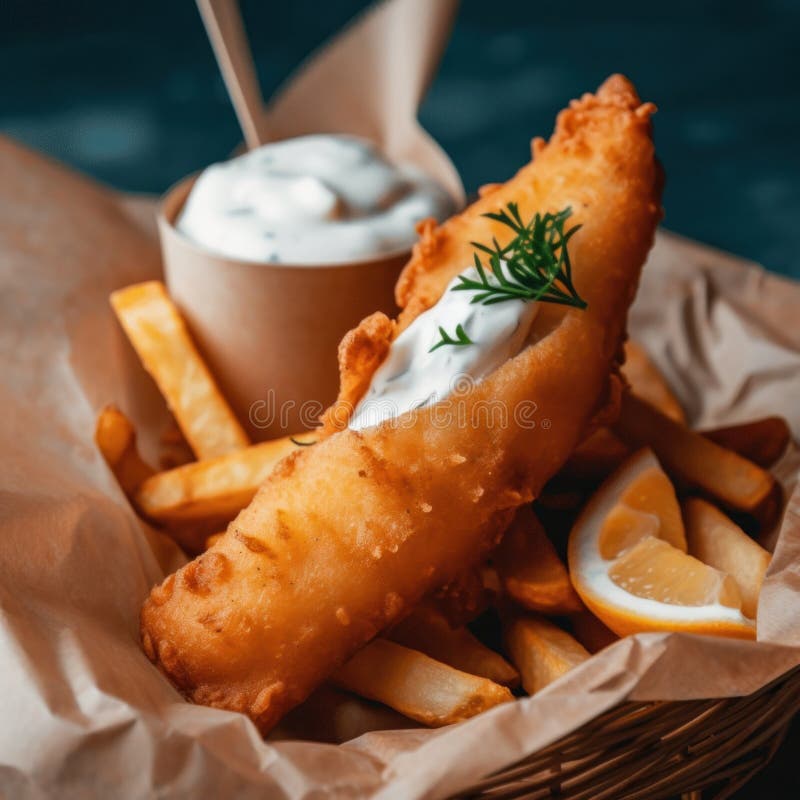 A Basket of Fish and Chips with a Side of Sour Cream. Generative AI ...