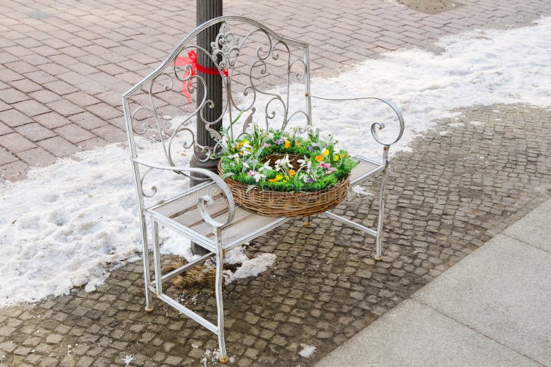 Basket with Flowers on the Bench Stock Photo - Image of leaf, flora ...