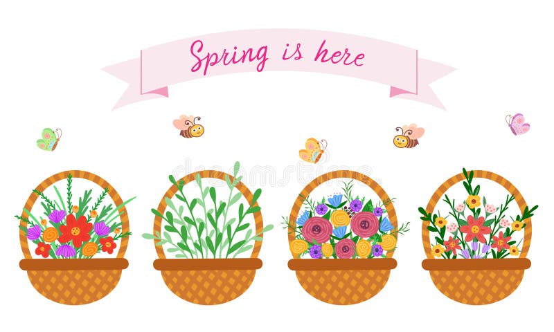 Basket with Flowers, Spring is Here. Vector Illustration for Printing ...