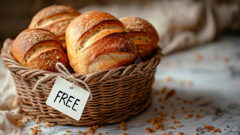 Basket of Fresh Bread with a Free Tag. Stock Photo - Image of closeup ...