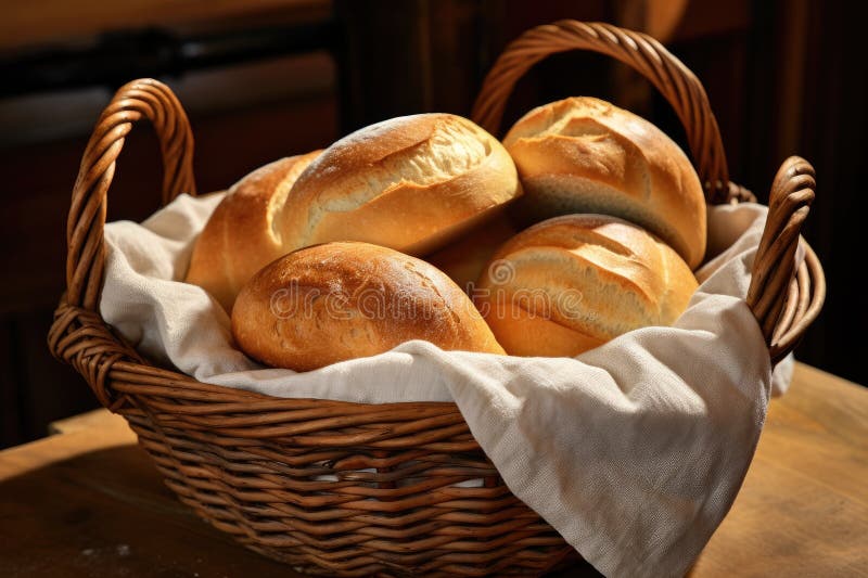 Basket with Fresh Bread on Table in Bakery, Closeup View, a Basket of ...