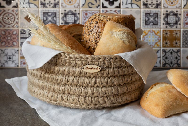 Basket with Fresh Bread on Table in Kitchen Stock Image - Image of ...
