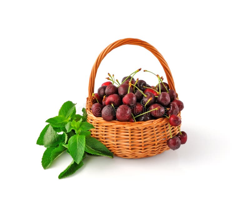 Basket with Fresh Cherries and Mint Stock Image - Image of eating, diet ...