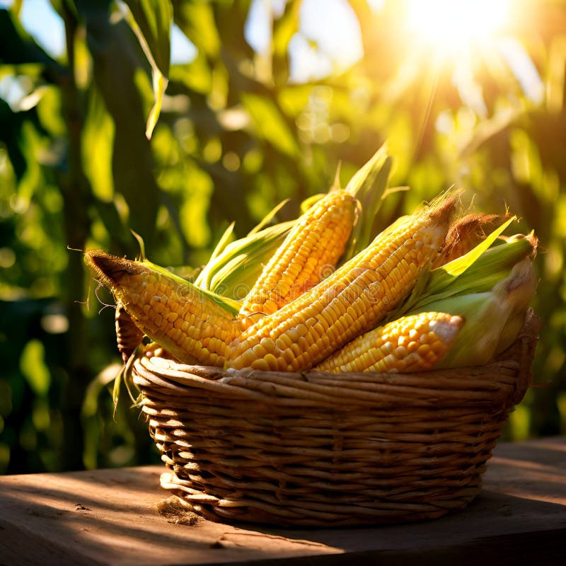 Basket with Fresh Corn Cobs on a Farm Sunshine Background. Yellow Corn ...