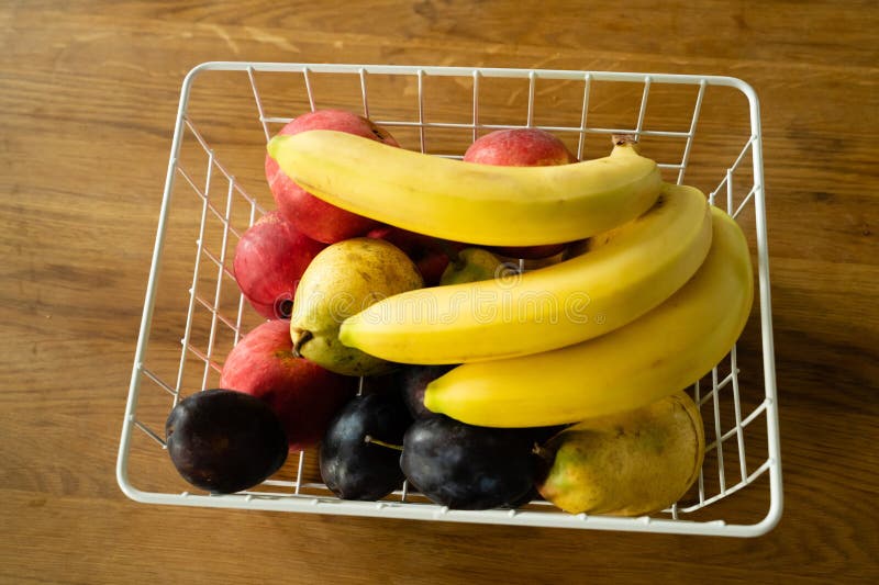 Basket with Fresh Fruits on Table in Kitchen Stock Image - Image of ...