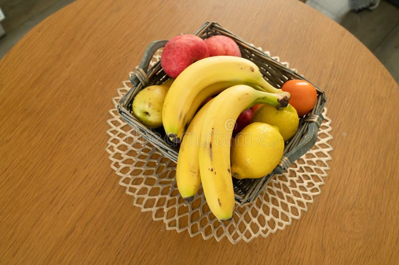 Basket with Fresh Fruits on Table in Kitchen Stock Image - Image of ...