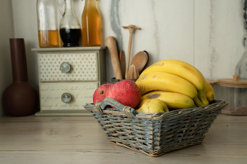 Basket with Fresh Fruits on Table in Kitchen Stock Photo - Image of ...