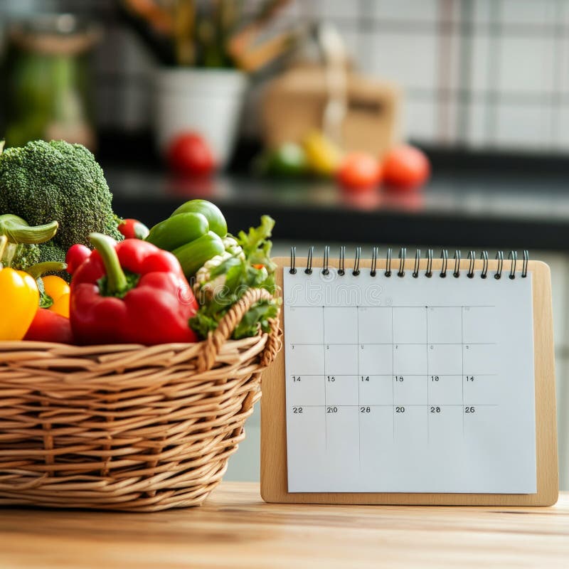 Basket of Fresh Vegetables with Calendar in Modern Kitchen Stock Image ...