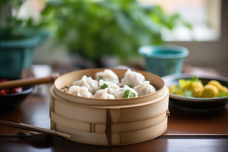 A Basket of Freshly Steamed Dumplings Over a Rustic Table Stock Image ...