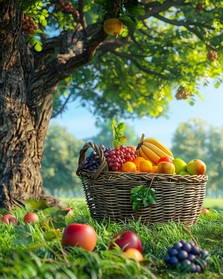A Basket of Fruit Under a Tree Stock Image - Image of tree, diet: 318567263
