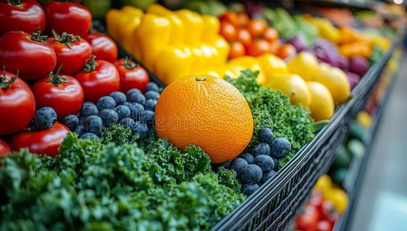 A Basket of Fruits and Vegetables with a Single Orange in the Middle ...