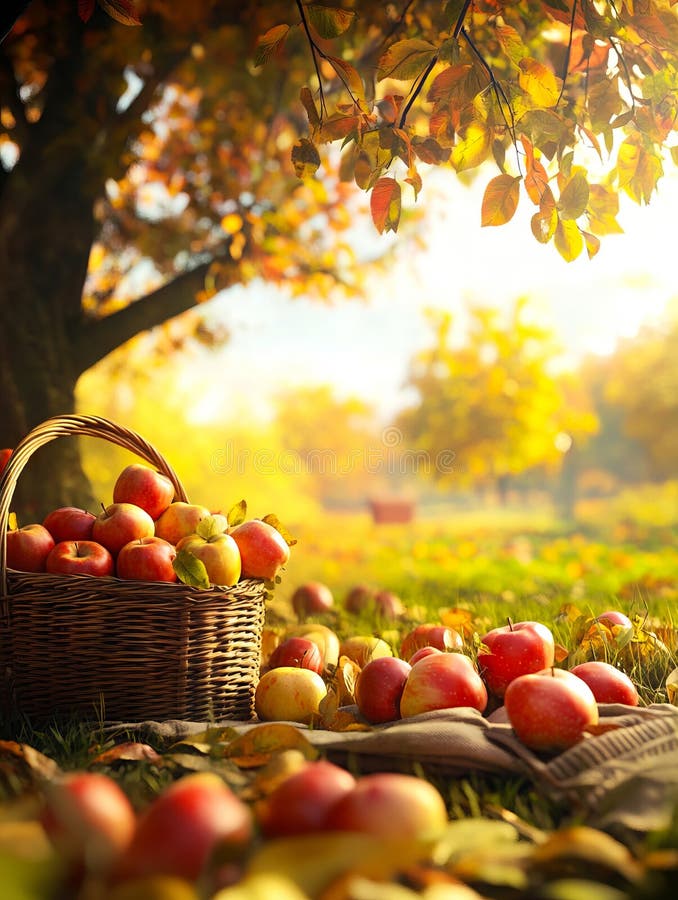 A Basket Full of Apples Sitting on the Ground Under a Tree Stock Photo ...
