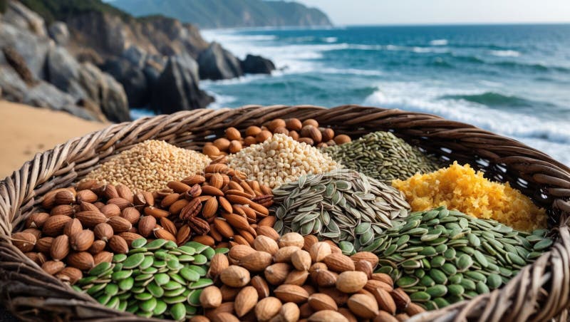 Assorted Nuts and Seeds in a Basket by the Ocean Stock Illustration ...