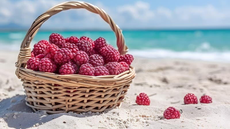 A Basket Full of Berries on a Beautiful Beach Background Stock Photo ...